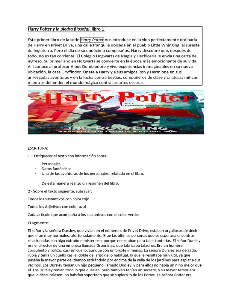 Harry Potter y La Piedra Filosofal | PDF | Género gramatical | Sustantivo