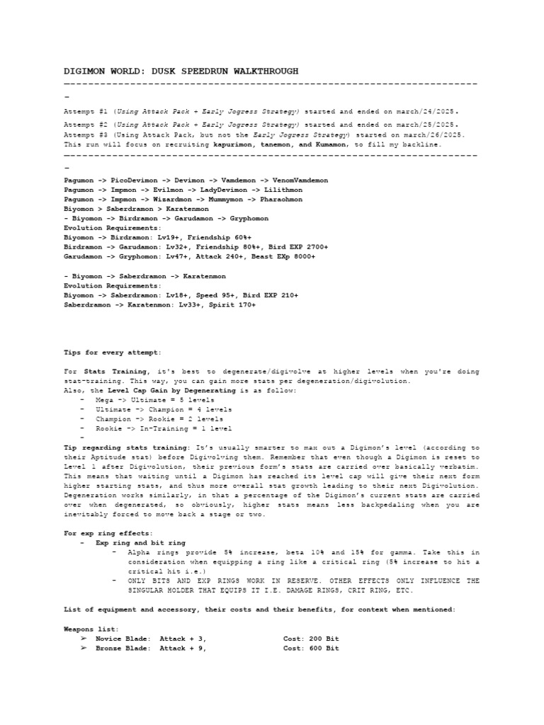 Digimon World - Dusk Speedrun Timeline | PDF