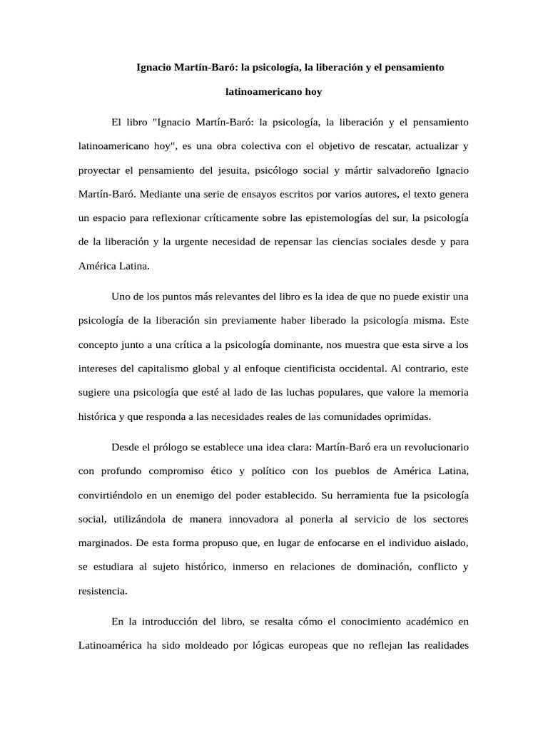 Ignacio Martín-Baró. La Psicología, La Liberación y El Pensamiento ...