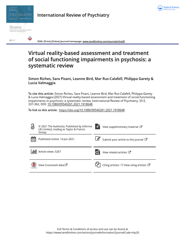Virtual Reality-based Assessment and Treatment of Social Functioning Impairments in Psychosis a ...