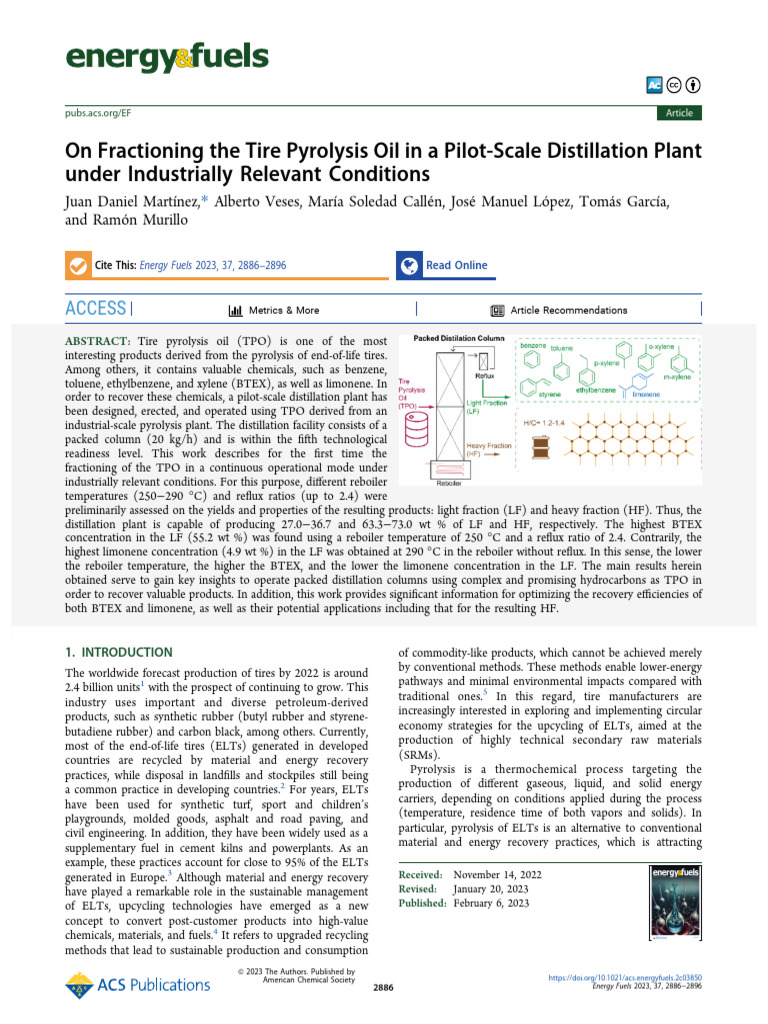Martínez Et Al 2023 On Fractioning The Tire Pyrolysis Oil in A Pilot ...