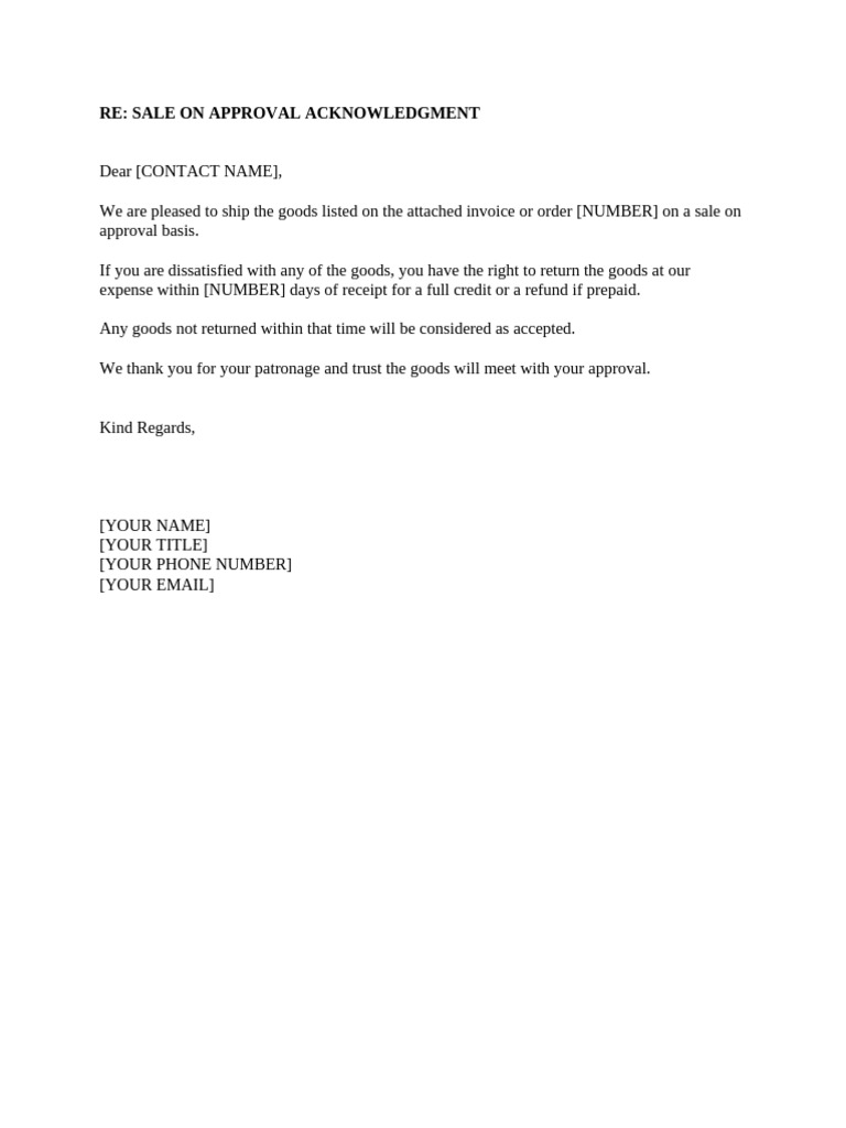 Sale on Approval Acknowledgment Letter | PDF
