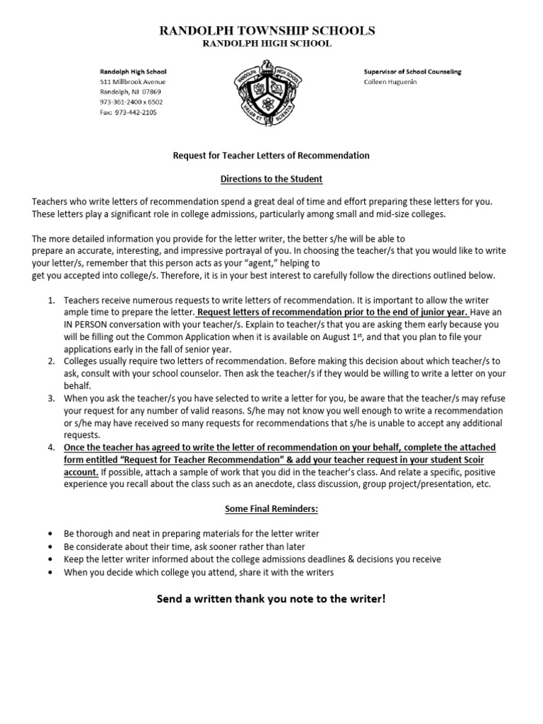 Teacher Letter of Recommendation Request | PDF | College Admissions In ...