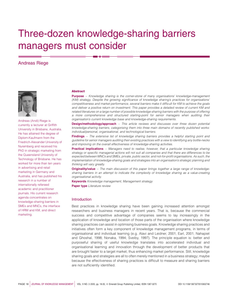 (RIEGE, 2005) Thee-dozen Knowledge-sharing Barriers Managers Must ...