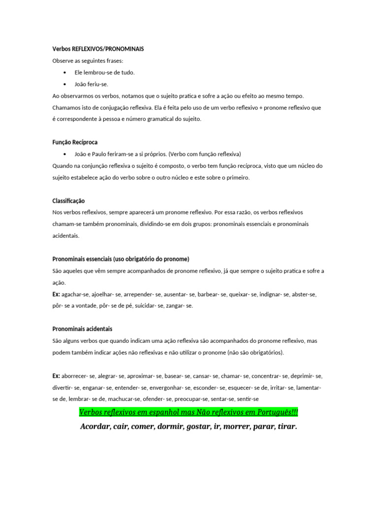 Verbos Reflexivos e Pronominais | PDF