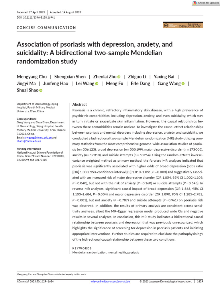 Chu M, Shen S.Association of Psoriasis With Depression Anxiety and ...