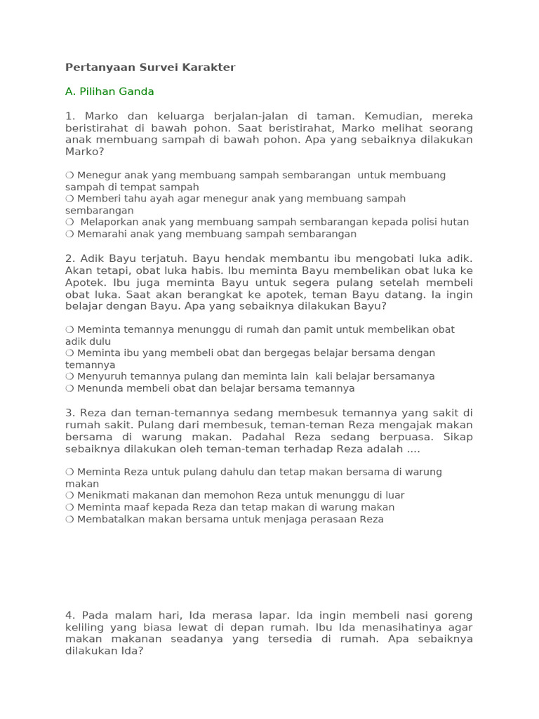 Contoh Soal Survei Karakter Kelas 5 SD | PDF