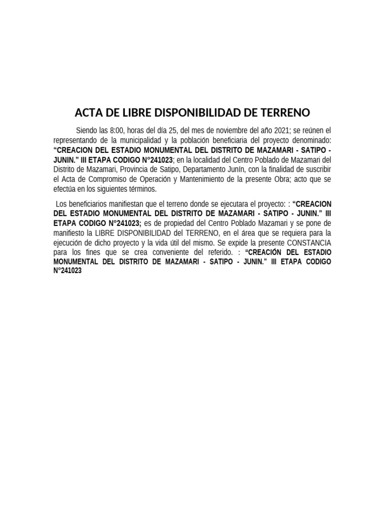 Acta de Libre Disponibilidad de Terreno | PDF