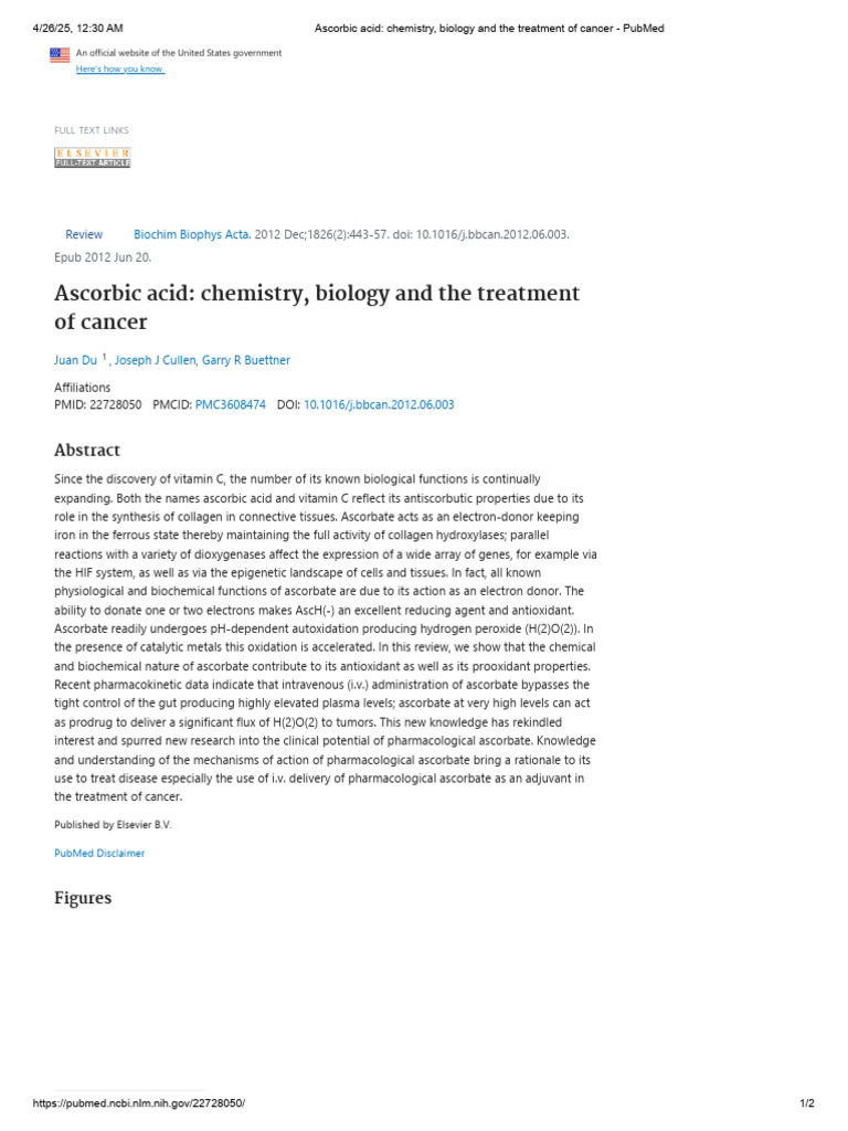 Ascorbic acid_ chemistry, biology and the treatment of cancer - PubMed ...