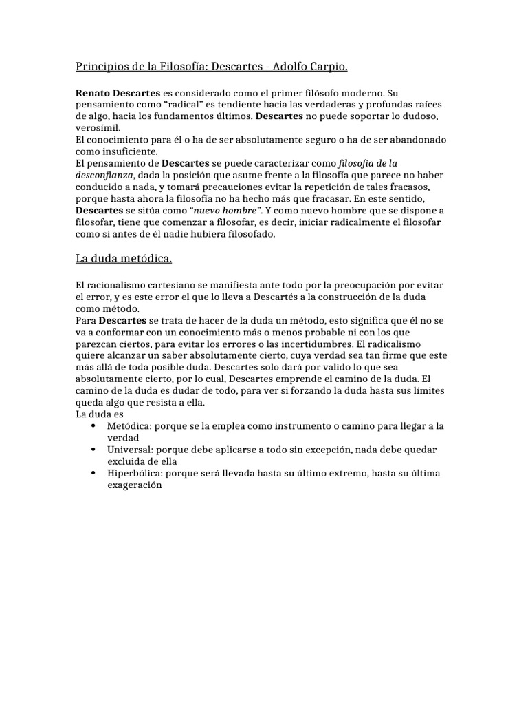 Filosofía de Descartes: Duda y Método | PDF | René Descartes | Verdad