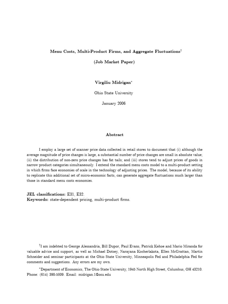 Menu Costs, Multi-Product Firms, and Aggregate Fluctuations (Midrigan ...
