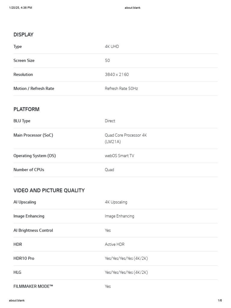 LG 50 Inch TV SPECIFICATION | PDF | Video | Display Technology