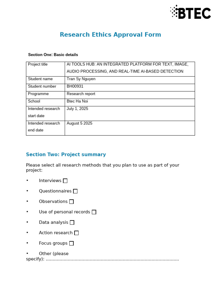 QuangBinhQuan_BH00999_CRP_ResearchEthicsApprovalForm | PDF | Information Privacy | Data