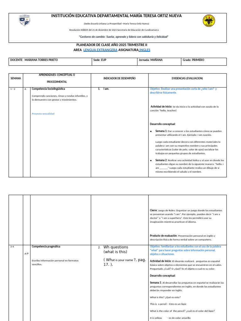 Planeación - 1° - Second Term. | PDF | Comunicación humana | Aprendizaje