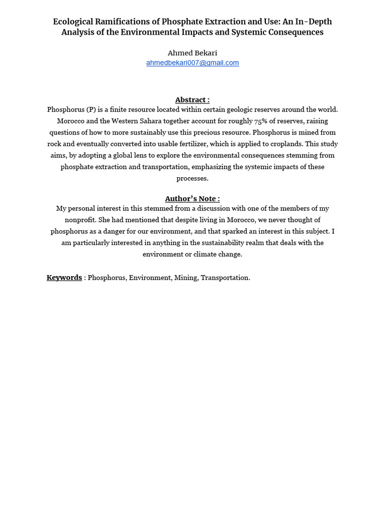Ecological Ramifications of Phosphate Extraction and Use | PDF ...