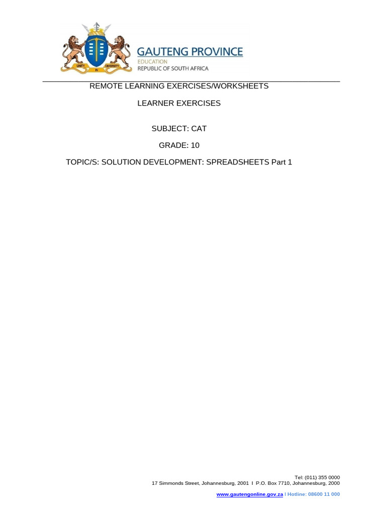 CAT Grade 10 Term 2 Solution Development Spreadsheets Part1 LG | PDF ...