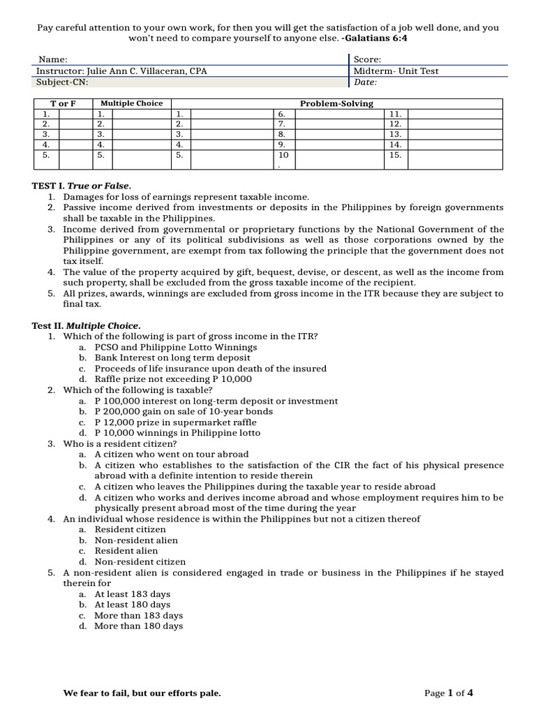 Midterm Unit Test on Taxation Principles | PDF | Taxes | Income