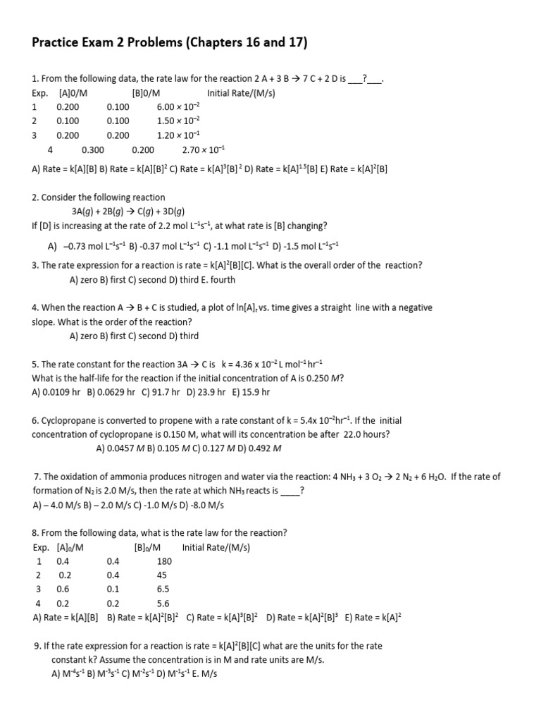 Practice Exam 2: Rate Laws & Equilibrium | PDF | Reaction Rate ...