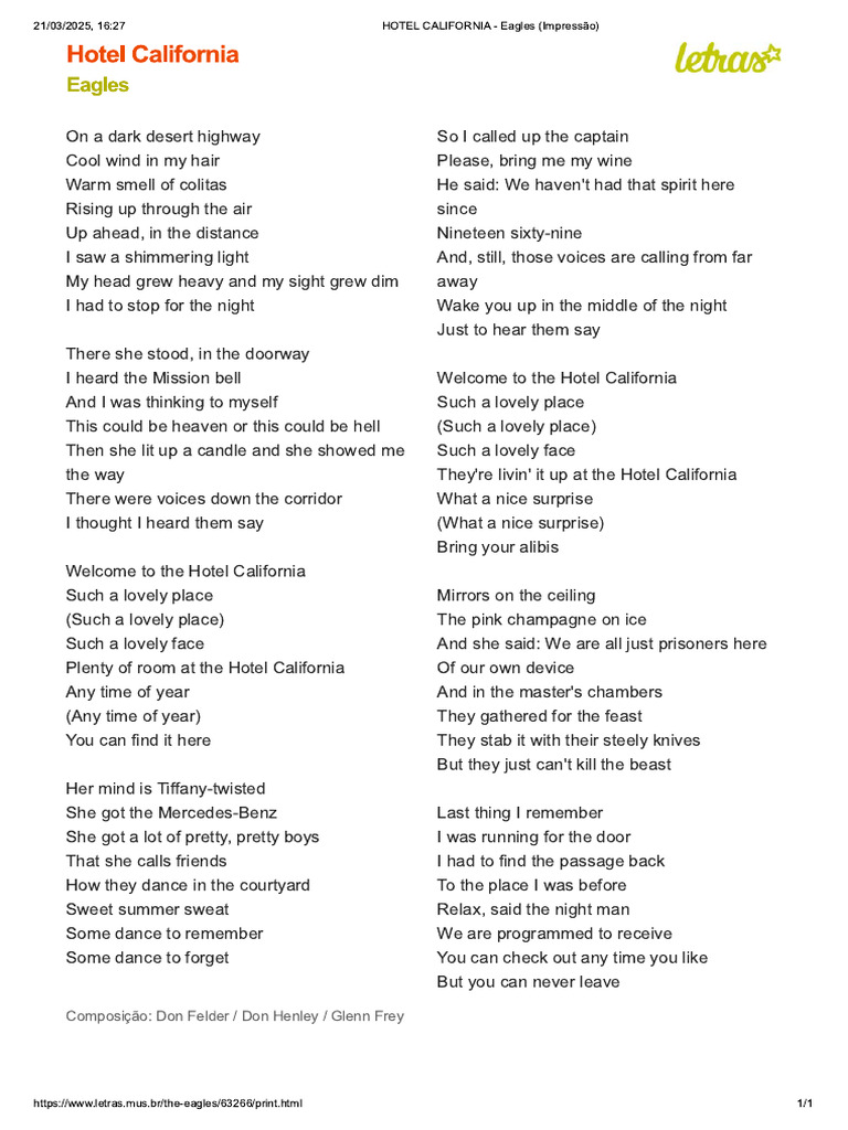 HOTEL CALIFORNIA Letra | PDF