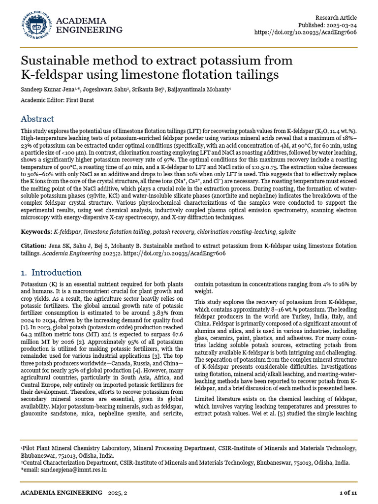 Potassium Extraction from K-Feldspar | PDF | Potassium | Chemistry