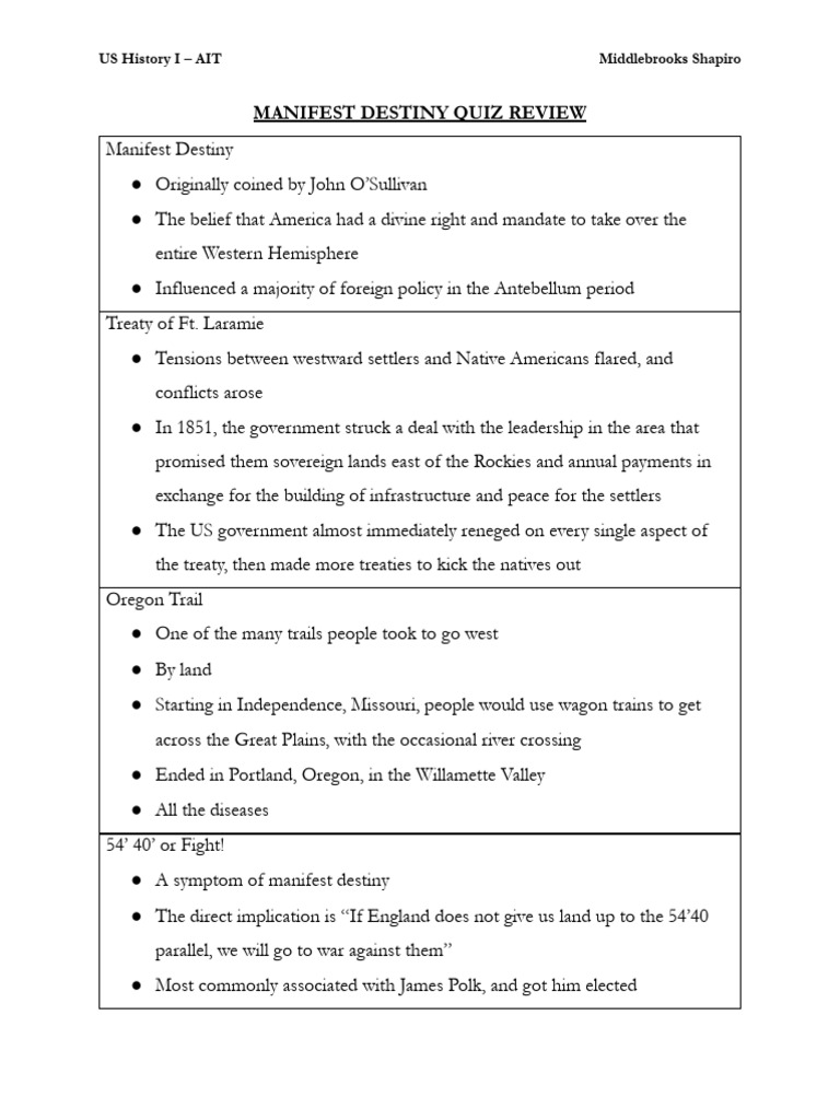 Manifest Destiny Quiz Overview | PDF | Mexican–American War | Battle Of ...