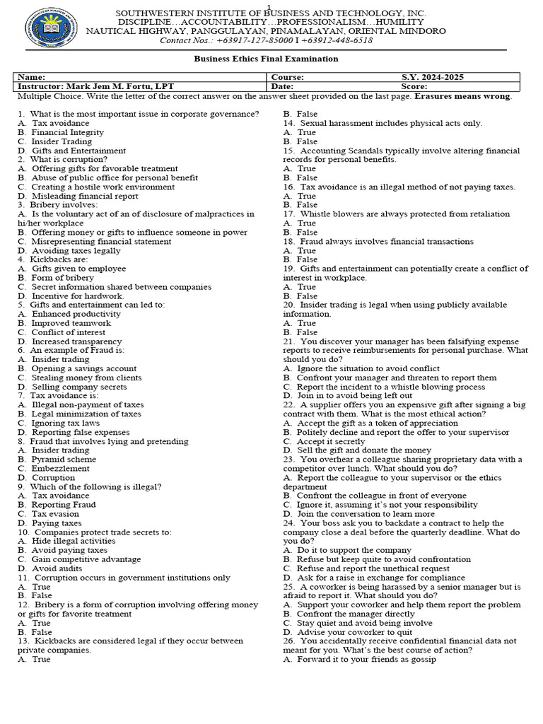 Final Exam Buss Ethics 2024-2025 | PDF | Bribery | Corruption
