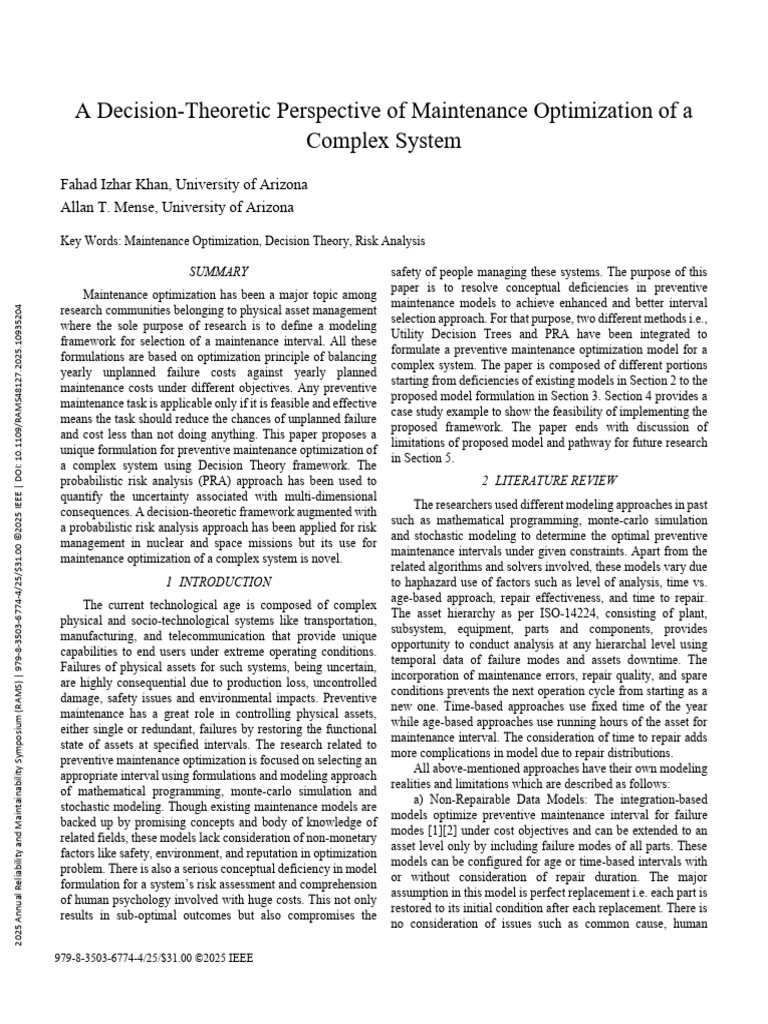 A Decision- Theoretic Perspective of Maintenance Optimization of a Complex System | PDF | Risk ...