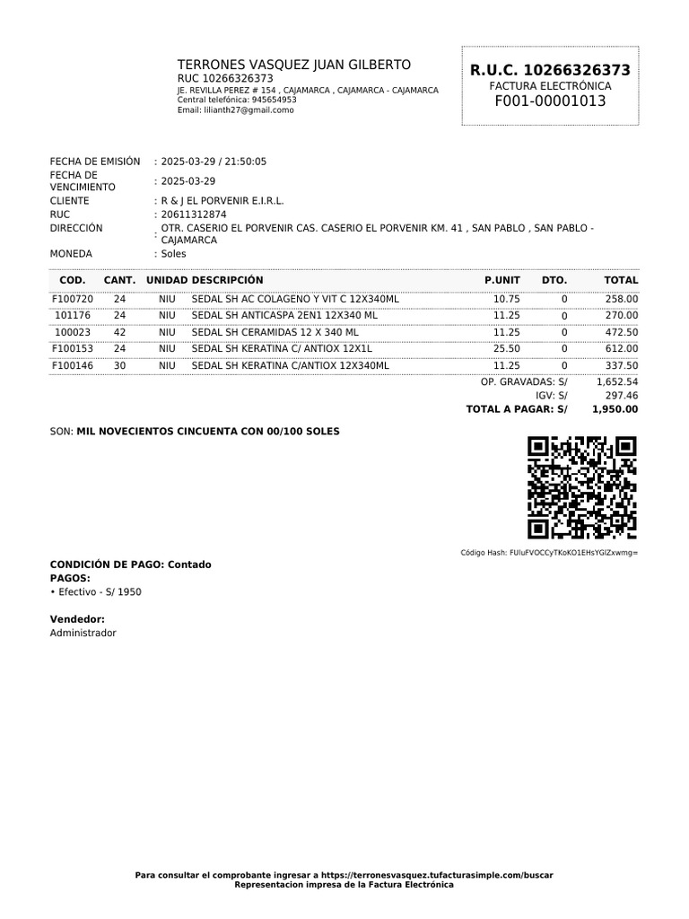 Terrones Vasquez Juan Gilberto: RUC 10266326373 Factura Electrónica ...