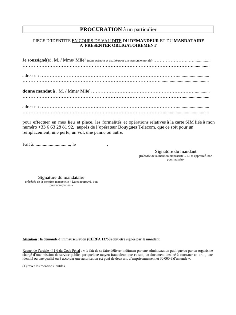 Mandat pour carte grise et SIM | PDF