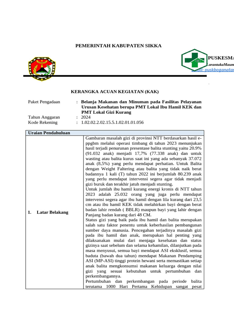 KAK PMT LOKAL Puskesmas BGN | PDF