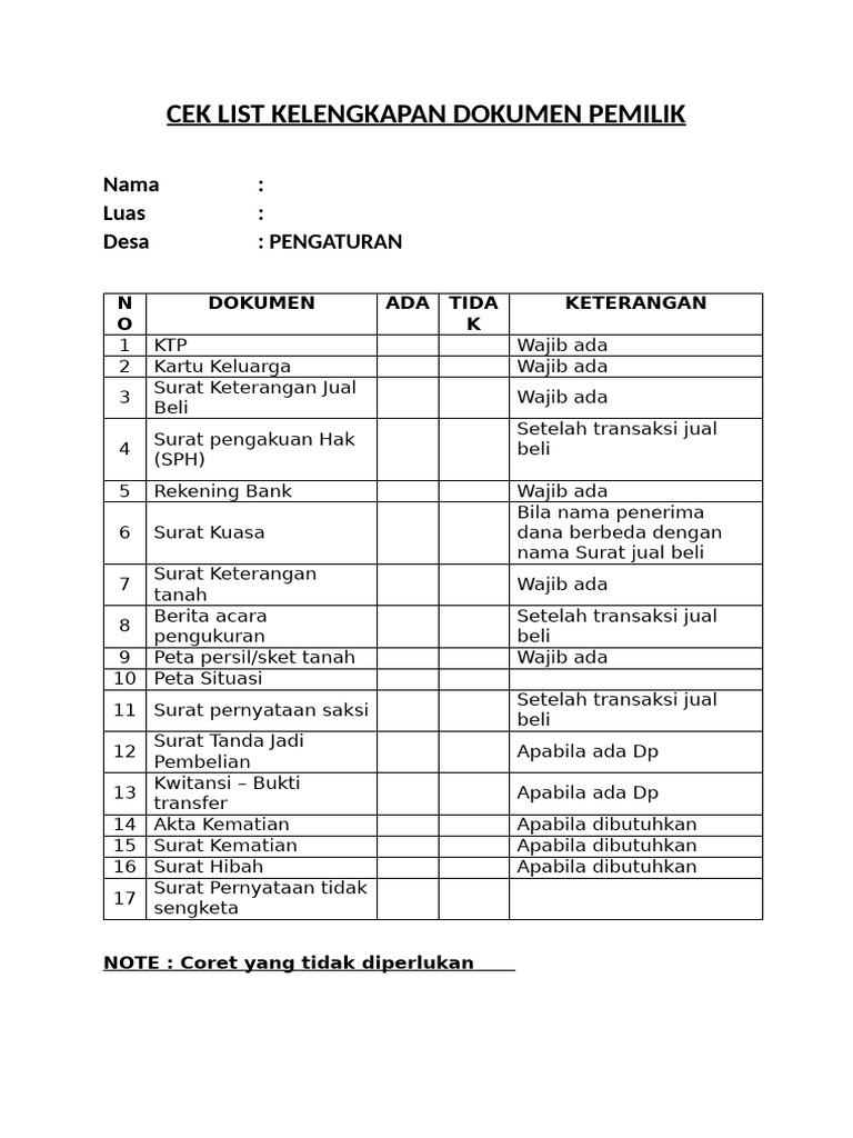 Cek List Dokumen Pemilik Tanah | PDF
