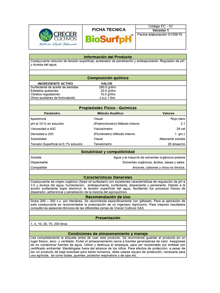 FT Biosurf PH | PDF | Agua | Solubilidad