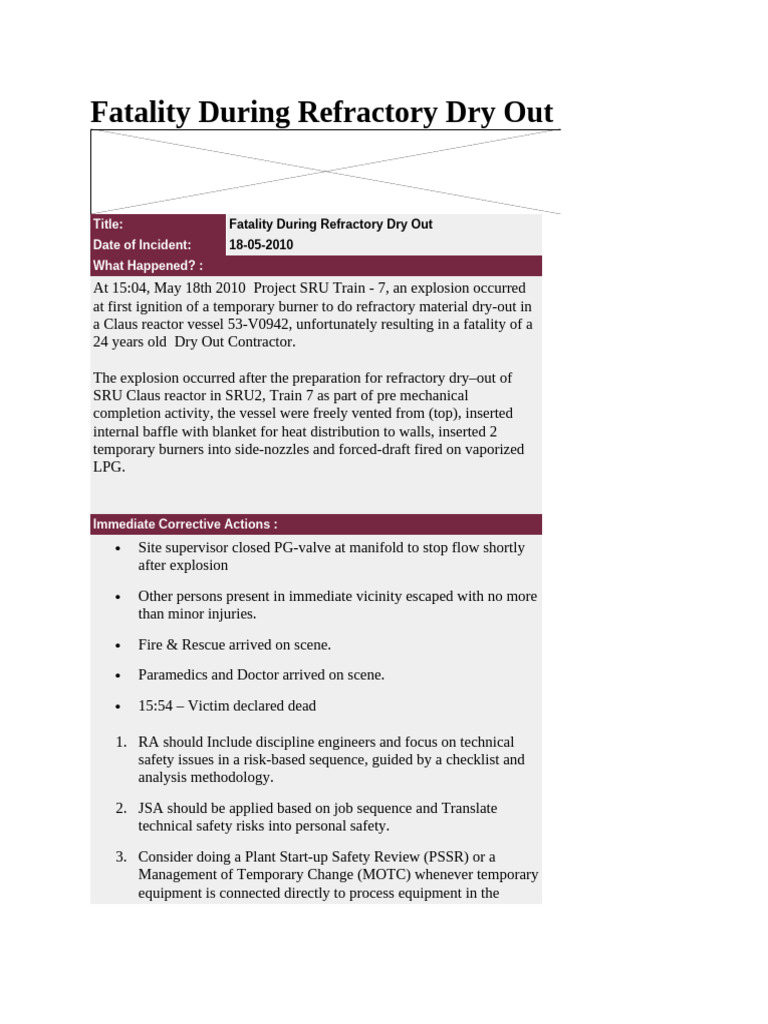 Fatality During Refractory Dry Out | PDF | Occupational Safety And ...