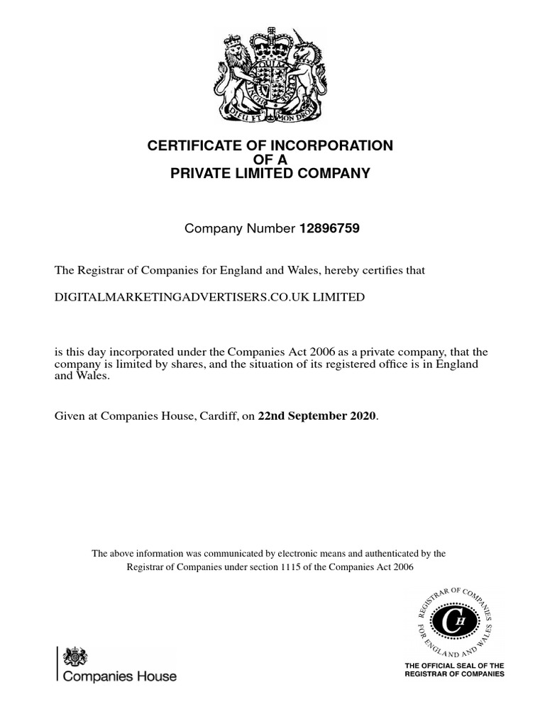 Certificate of Incorporation for DM Advertisers | PDF