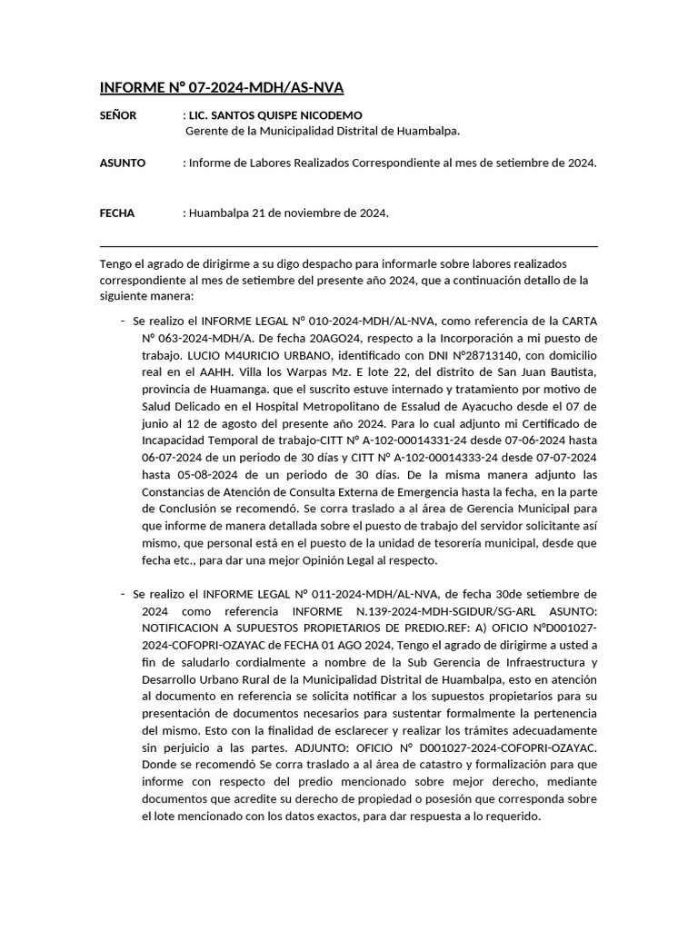 INFORME N 7 de labores | PDF