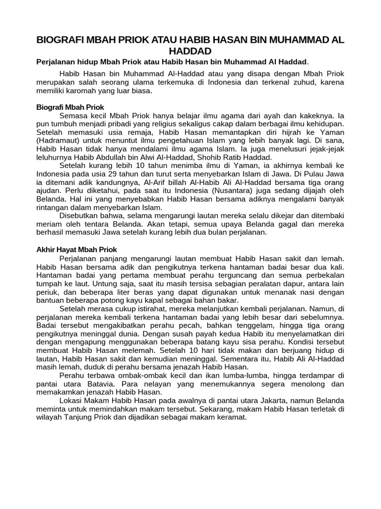 Biografi Mbah Priok Atau Habib Hasan Bin Muhammad Al Haddad | PDF