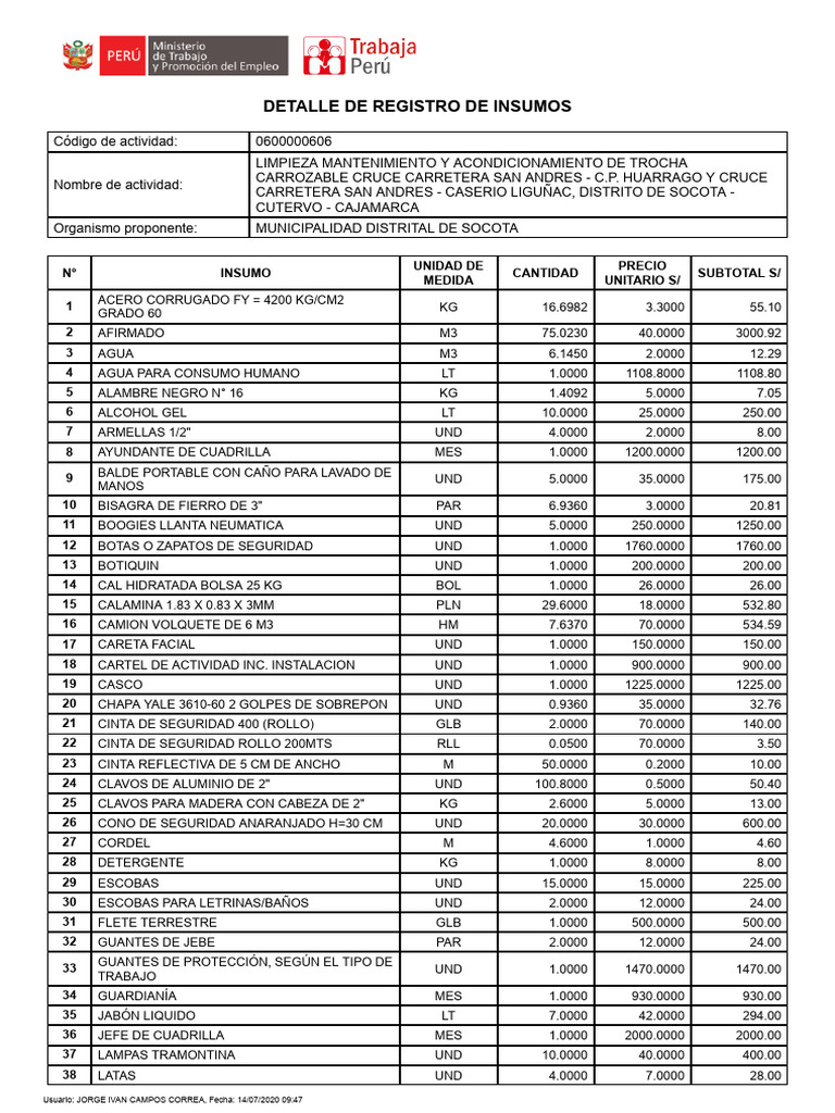 01.-FT 600000606 - Trocha San Andres Insumos | PDF