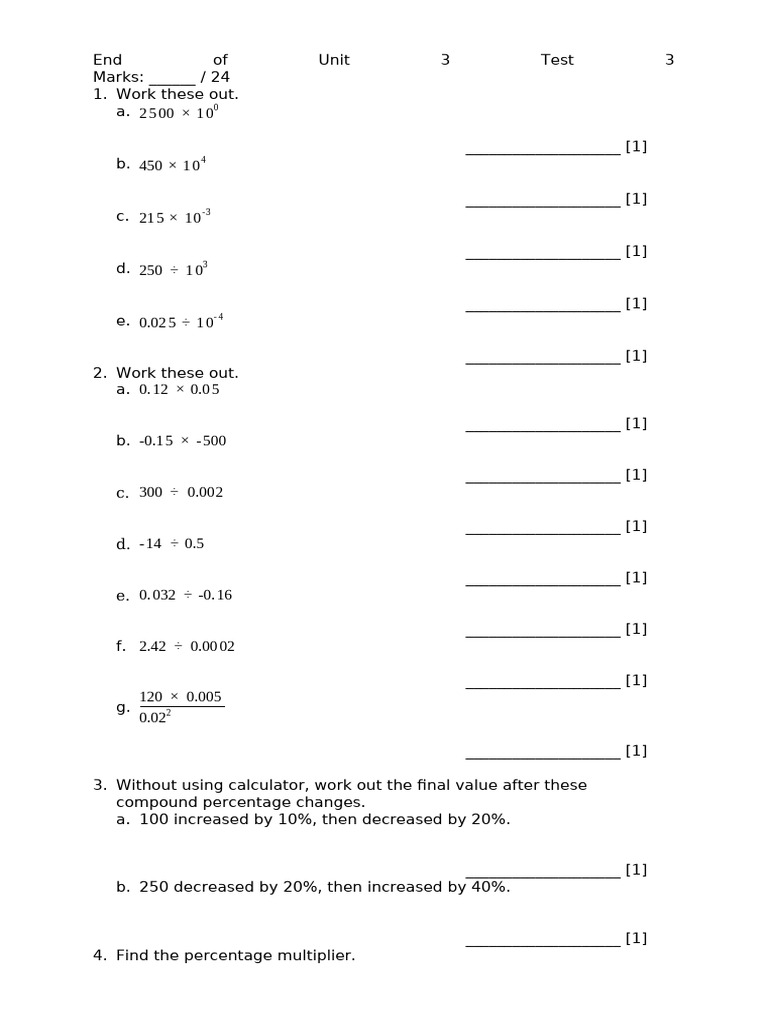 Unit 3 End of Unit Test 3 | PDF | Percentage | Mathematics