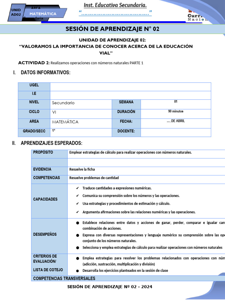 Ses 2 Mat 1° Unid 02 | PDF | Aprendizaje