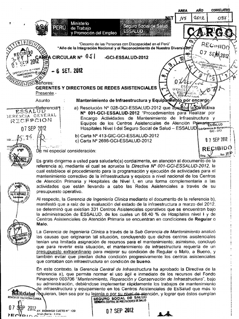 Carta Circular #051-GCI-ESSALUD-2012 Mantenimiento Por Encargo | PDF