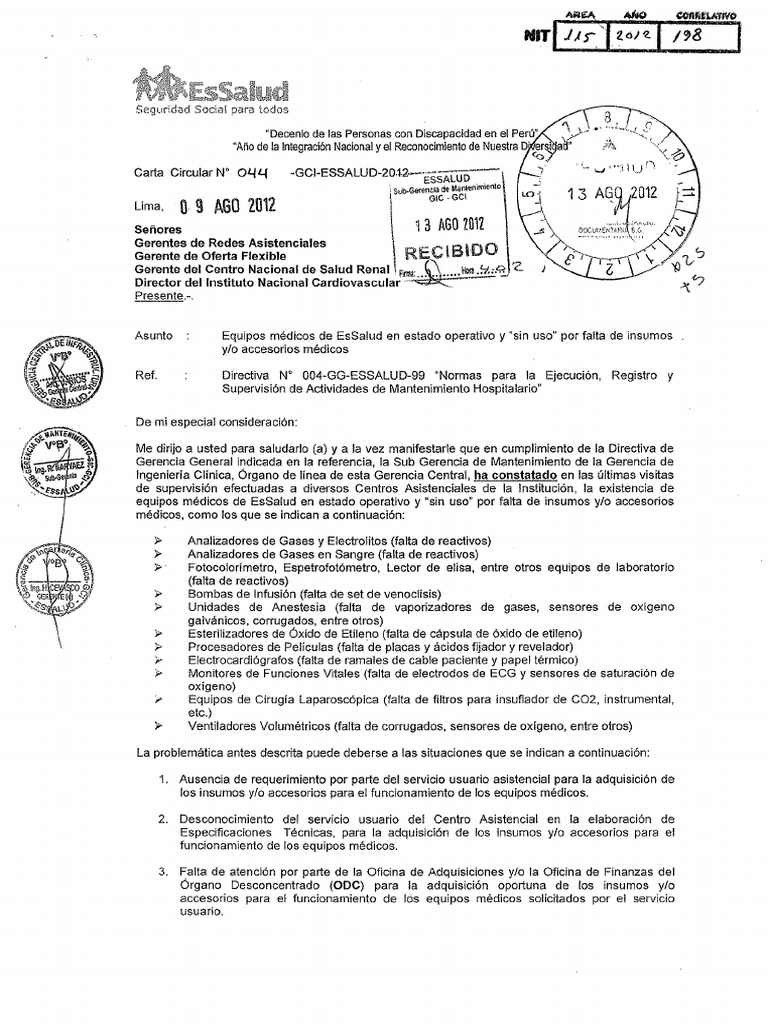 Carta Circular #044-GCI-ESSALUD-2012 Equipos Sin Uso Por Falta de Accesorios e Insumos | PDF
