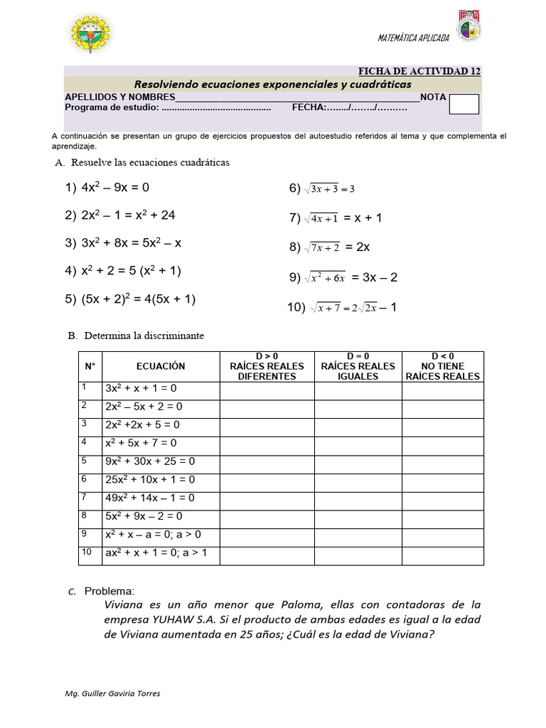 12.3-Ficha de Actividad. Ecuac Expo, 2° | PDF