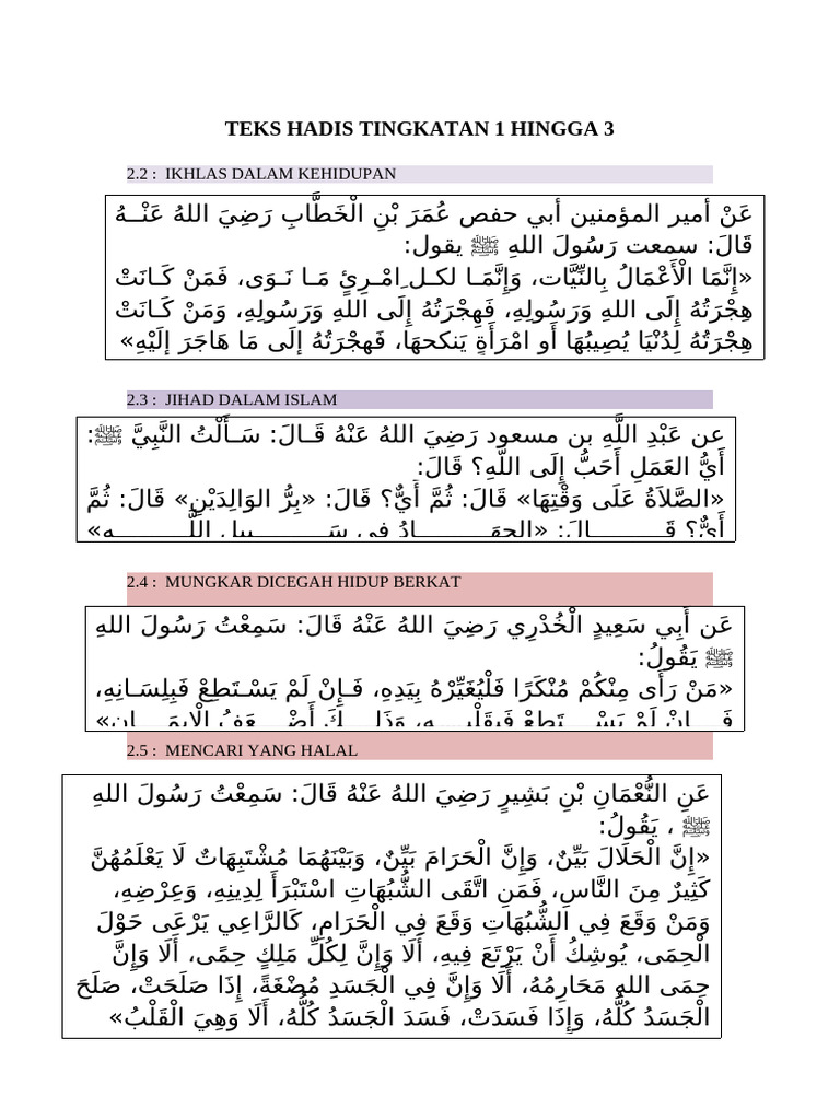 Teks Hadis Tingkatan 1 Hingga 3 . | PDF