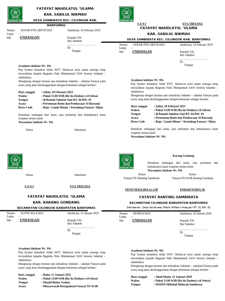 Undangan Pertemuan Fatayat NU Sambirata | PDF