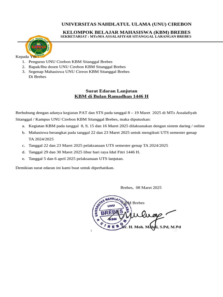 Surat Edaran Lanjutan KBM Bulan Ramadhan 1446 H | PDF