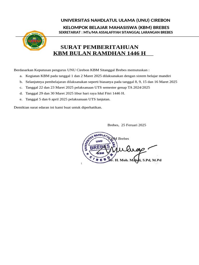 Surat Edaran KBM Bula Ramadhan 1446 H | PDF