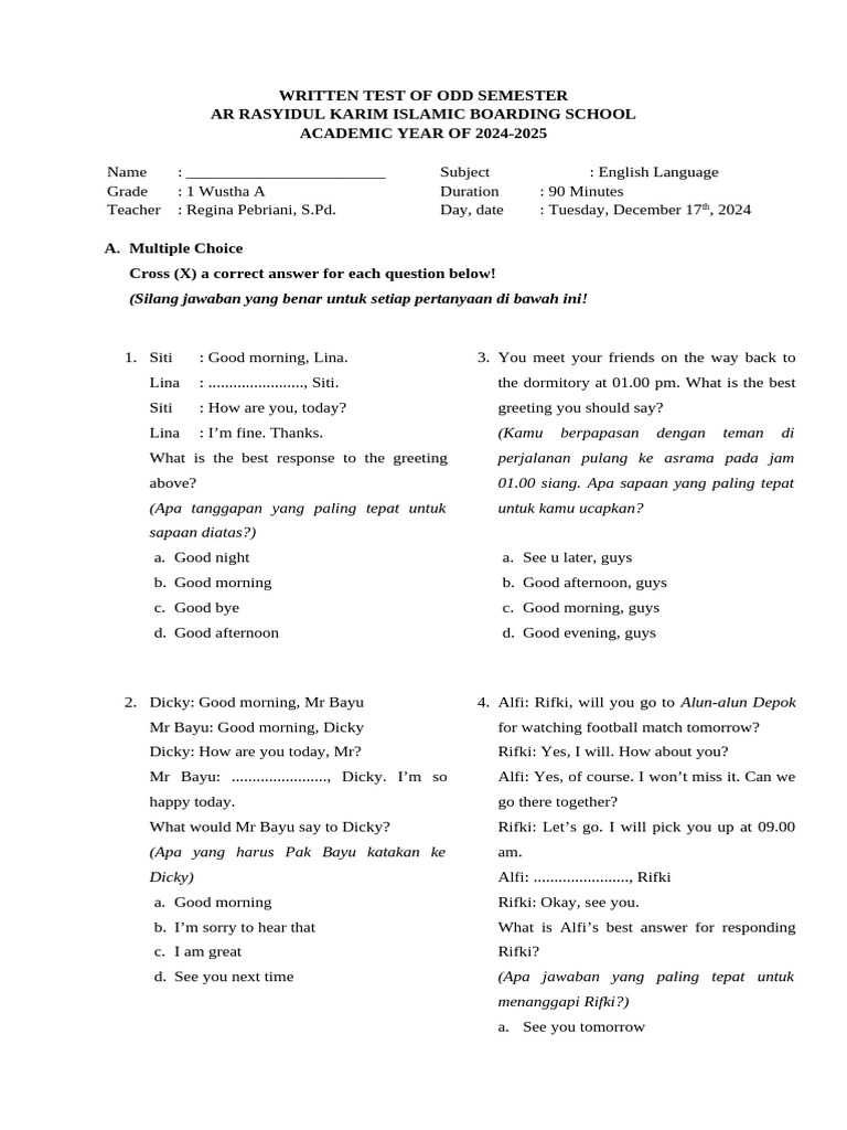 English Language 1 Wustha A | PDF