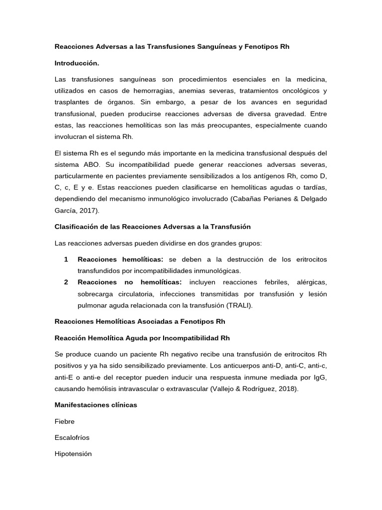 Reacciones Adversas A Las Transfusiones Sanguíneas y Fenotipos RH | PDF | Transfusión de sangre ...