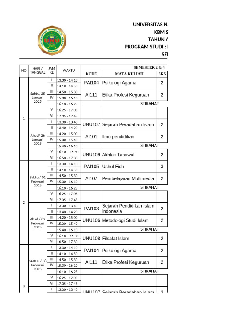 Jadwal Unu Genap Ta 2024 - 2025 | PDF