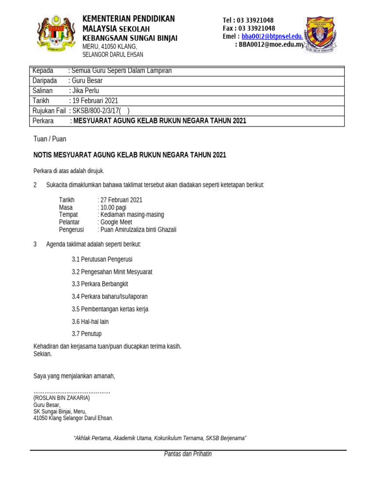 MEMO MESYUARAT AGUNG KELAB R. NEGARA 2021 Edit | PDF